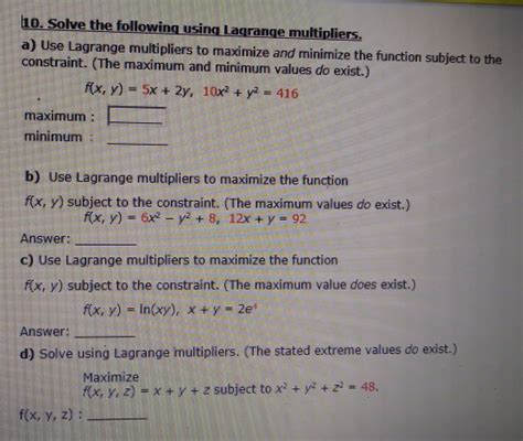 solved 10 solve the following using lagrange multipliers