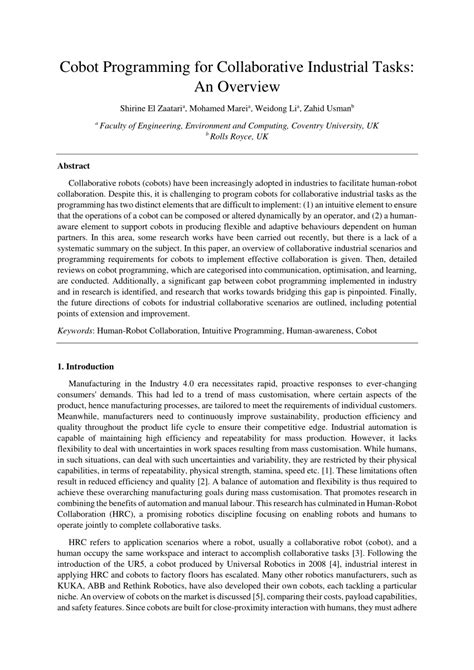 PDF Cobot Programming For Collaborative Industrial Tasks An Overview