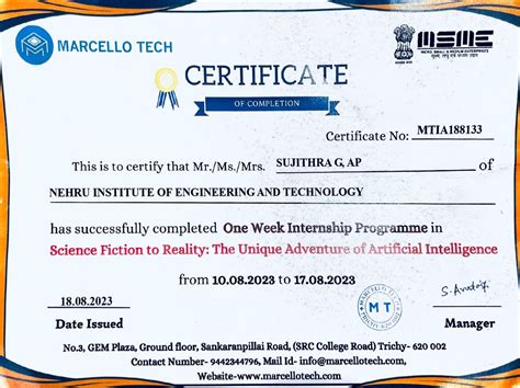 Sujithra G On Linkedin Successful Completion Of My Internship At Marcello Tech🎉 Over The Past