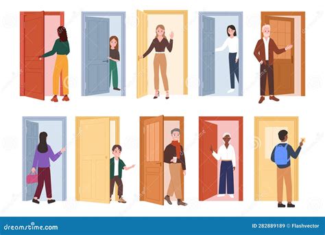 People Opening Doors Set Young And Old Characters Entering Or Leaving