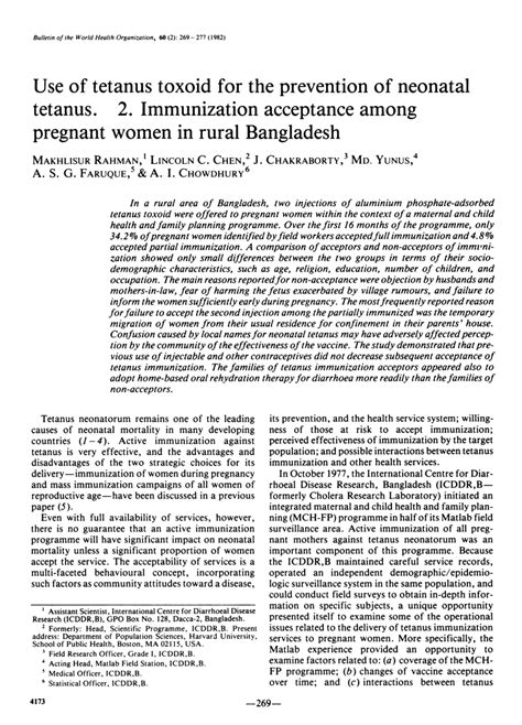 Pdf Use Of Tetanus Toxoid For The Prevention Of Neonatal Tetanus Ii Immunization Acceptance