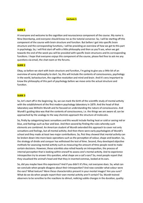 Transcript Of All Lectures On Brain Structure And Function 3 Lecture 1 Slide 1 Hi Everyone And