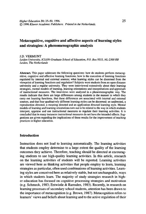 Pdf Metacognitive Cognitive And Affective Aspects Of Learning Styles And Strategies A