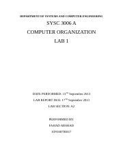 SYSC 3006 Lab1 Docx DEPARTMENT OF SYSTEMS AND COMPUTER ENGINEERING SYSC 3006 A COMPUTER