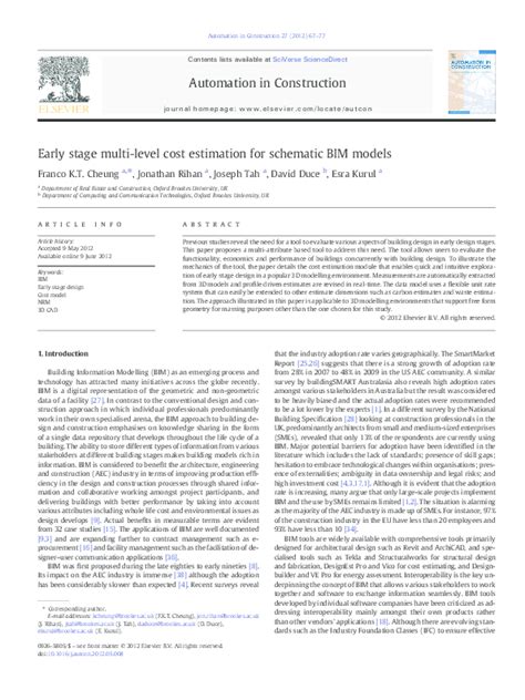 Pdf Early Stage Multi Level Cost Estimation For Schematic Bim Models