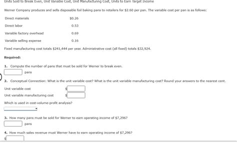 Solved Units Sold To Break Even Unit Variable Cost Unit