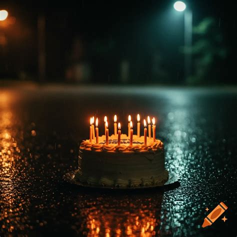 Birthday Cake With Cigarette Candles In The Rain At Night Vhs Filter