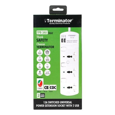 Terminator 3 Way Universal Power Extension Socket With 2usb Canvas General Trading L L C
