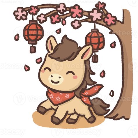 Cute Kawaii Chibi Horse Sitting Under Cherry Blossom Tree With Lanterns