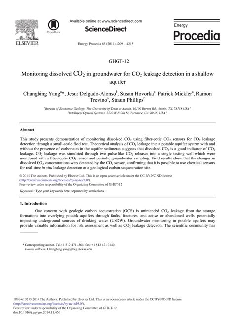 Pdf Monitoring Dissolved Co2 In Groundwater For Co2 Leakage Detection