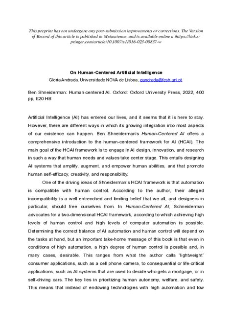 Pdf On Human Centered Artificial Intelligence