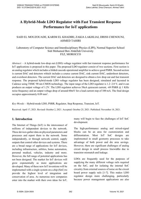 Pdf A Hybrid Mode Ldo Regulator With Fast Transient Response Performance For Iot Applications