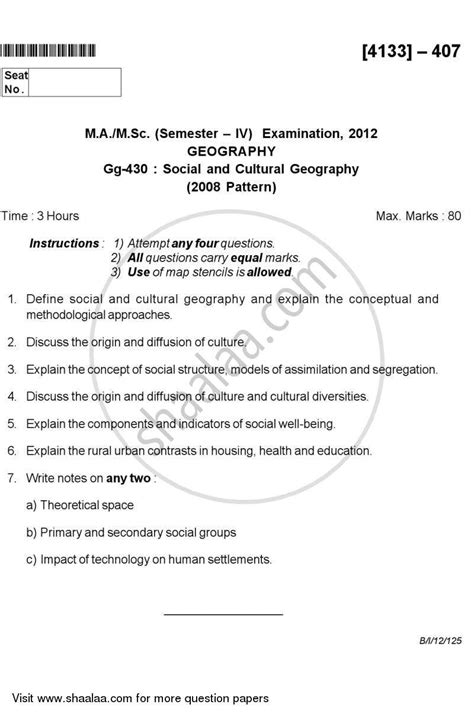 Social And Cultural Geography 2011 2012 M Sc Geography Semester 4 Question Paper With Pdf