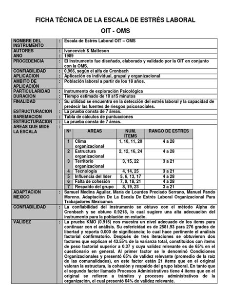 Ficha Técnica Oit Oms 2022 Escala De Estres Pdf