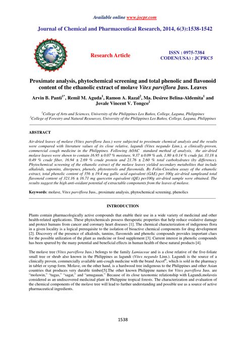 Pdf Proximate Analysis Phytochemical Screening And Total Phenolic