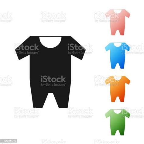 흰색 배경에 고립 된 검은 아기 옷 아이콘입니다 아기 소녀와 소년을위한 아기 의류입니다 베이비 바디 수트 다채로운 아이콘을 설정합니다 벡터 일러스트레이션 0명에 대한 스톡