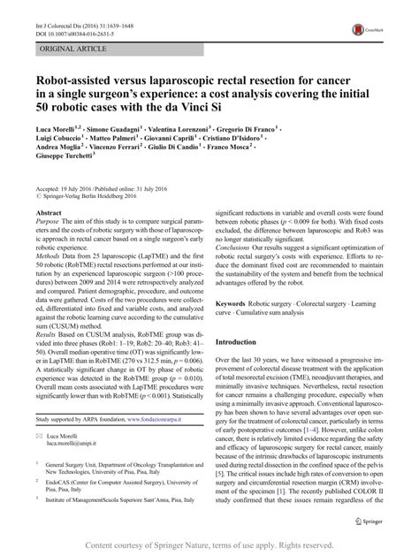 Robot Assisted Versus Laparoscopic Rectal Resection For Cancer In A Single Surgeons Experience