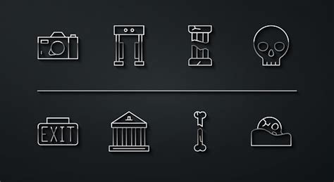 세트 라인 사진 카메라 출구 표지판 인간의 두개골 부러진 뼈 박물관 건물 금속 탐지기 및 깨진 고대 기둥 아이콘 벡터 가루로 빻은에 대한 스톡 벡터 아트 및 기타 이미지