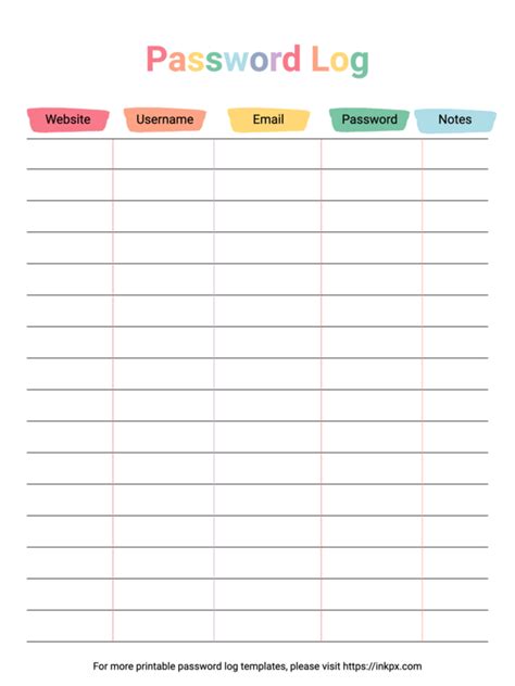 Free Printable Colorful Narrow Table Password Tracker Template · Inkpx