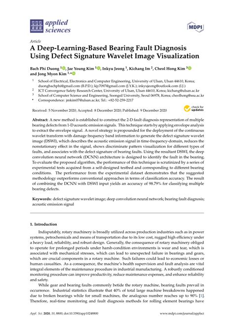 Pdf A Deep Learning Based Bearing Fault Diagnosis Using Defect Signature Wavelet Image