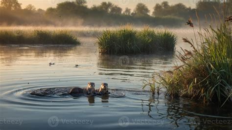 Two Playful Otters Swimming In A Misty River At Dawn Surrounded By