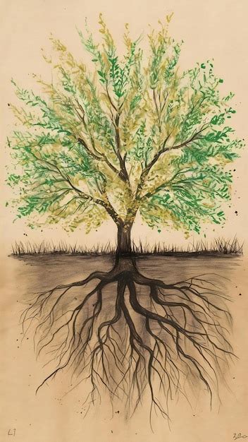 Tree Sketch Leaves And Root On Paper Premium AI Generated Image