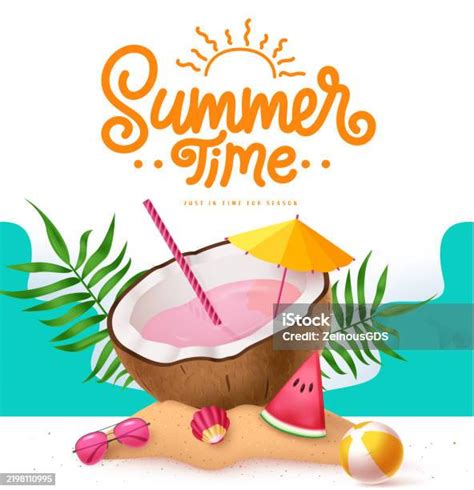여름 시간 클립 아트 포스터 디자인 휴일을 위한 코코넛 주스 클립 아트와 같은 열대 과일 요소가 있는 여름 시간 텍스트 계절에 대한 스톡 벡터 아트 및 기타 이미지 Istock