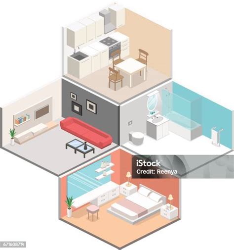 스튜디오 아파트의 등각 투영 평면 3d 개념 벡터 인테리어 3차원 형태에 대한 스톡 벡터 아트 및 기타 이미지 3차원 형태 등측투영법 바닥재 Istock