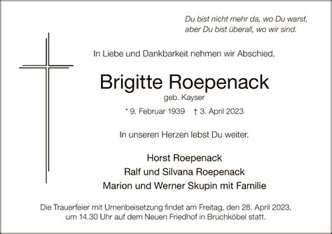 Traueranzeigen Von Brigitte Roepenack Trauerop Onlinede
