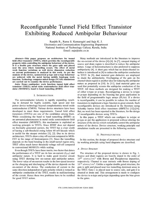 Reconfigurable Tunnel Field Effect Transistor Exhibiting Reduced Ambipolar Behaviour Pdf