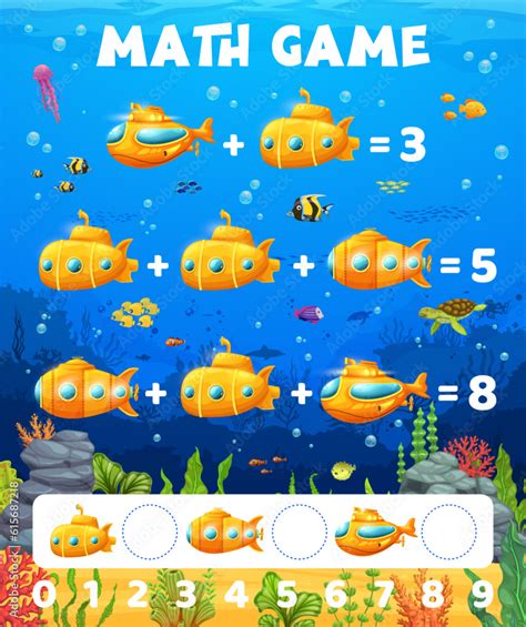 Math Game Worksheet Cartoon Yellow Submarine Bathyscaphe Vector