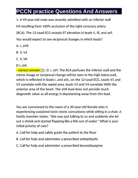 Pccn Practice Questions And Answers Exams Medicine Docsity