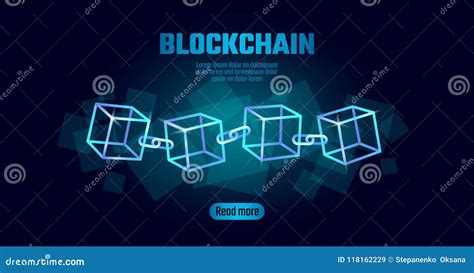 Blockchain Cube Chain Symbol On Square Code Big Data Flow Information Blue Neon Glowing Modern