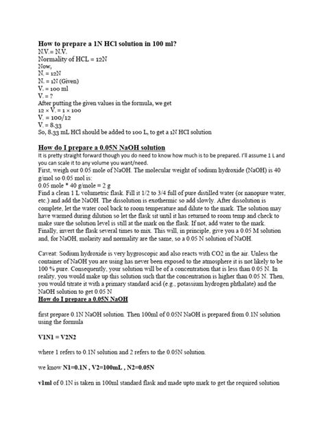 How To Prepare A 1n Hcl Solution In 100 Ml Pdf