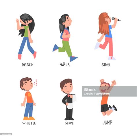동사 벡터 세트를 시연하는 다양한 활동에 종사하는 재미있는 아이들 걷기에 대한 스톡 벡터 아트 및 기타 이미지 걷기 공부 교습 Istock