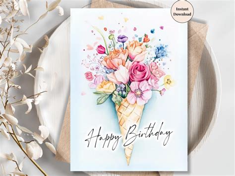 Floral Ice Cream Cone Birthday Card Watercolor Flowers Digital