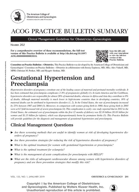 Acog Practice Summary 2019 Preeclampsia Downloaded From Journalslww