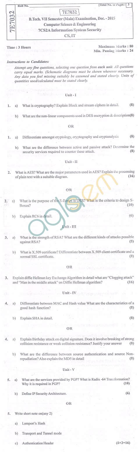 Rtu Question Papers Semester Cs Information System Security