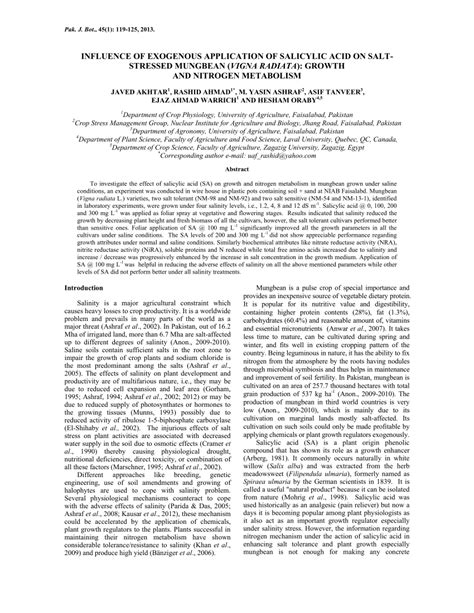Pdf Influence Of Exogenous Application Of Salicylic Acid On Salt Stressed Mungbean Vigna
