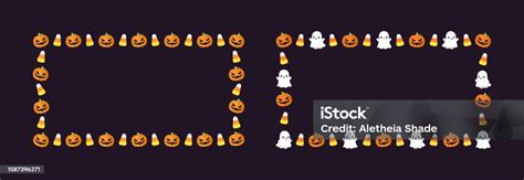 귀여운 직사각형 할로윈 프레임 템플릿 세트입니다 만화 유령 잭 오 랜턴 호박 사탕 옥수수가 있는 직사각형 할로윈 테두리 소셜 미디어 배너 벡터 일러스트레이션 10월에 대한
