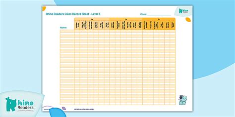 Rhino Readers Class Record Sheet Level 5 Teacher Made