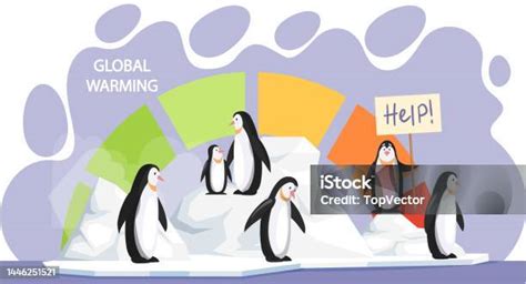 펭귄은 지구 온난화 지표와 함께 규모의 배경에서 기후 변화로 인해 도움을 요청합니다 개념에 대한 스톡 벡터 아트 및 기타 이미지