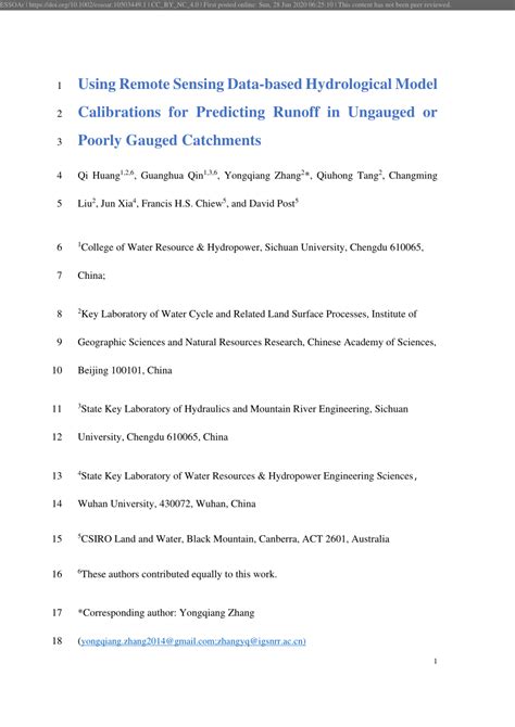 Pdf Using Remote Sensing Data Based Hydrological Model Calibrations For Predicting Runoff In