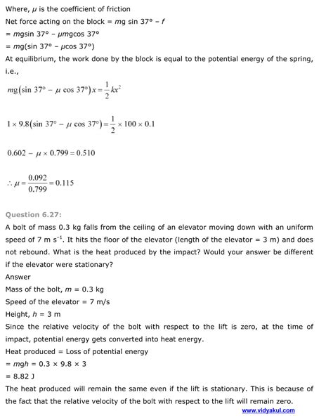 Class 11th Physics Work Energy And Power NCERT Solution CBSE 2023