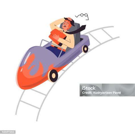 롤러 코스터를 타는 무서운 사업가 흰색 배경에 고립 된 플랫 벡터 일러스트레이션 롤러코스터에 대한 스톡 벡터 아트 및 기타