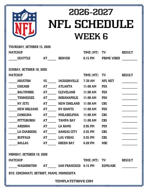 Printable 2026 2027 Nfl Schedule Week 6