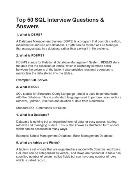 Top 50 Sql Interview Questions Pdf Relational Database Database Index