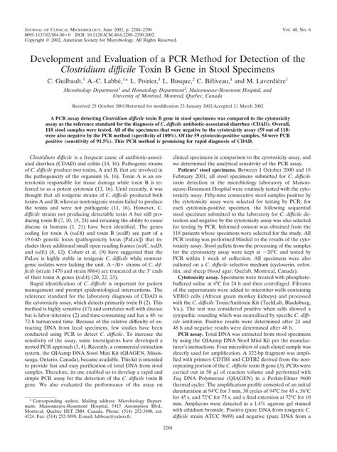 Pdf Development And Evaluation Of A Pcr Method For Detection Of The Clostridium Difficile