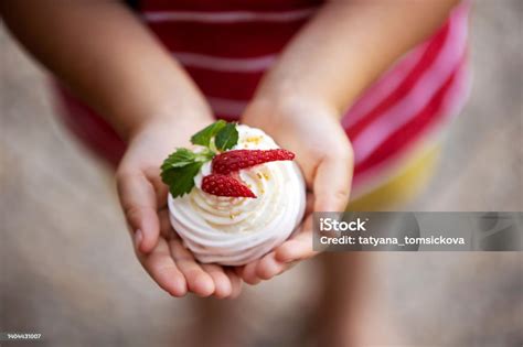 귀여운 아이 소년 파블로바 사막의 작은 컵 케이크 크림과 딸기로 가벼운 계란과 설탕 사막을 먹는 소년 건강한 식생활에 대한 스톡 사진 및 기타 이미지 Istock