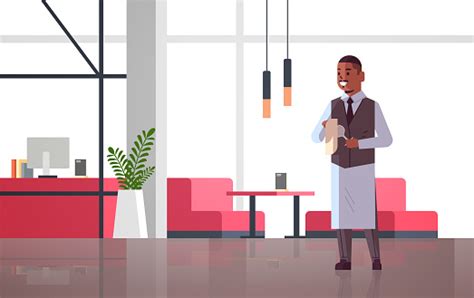 전문 웨이터 연마 와인 유리 수건 아프리카 계 미국인 남자 레스토랑 노동자 유니폼 현대 카페 인테리어 평면 전체 길이 수평 가공의 인물에 대한 스톡 벡터 아트 및 기타